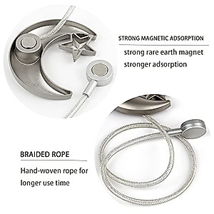 canjuxk 2 Pack Curtain Tiebacks，Magnetic Curtain Tiebacks,Star Moon Curtain Decorative Weave Rope Curtain Holdbacks Holder for Window Decor, Curtain Clips Rope Straps Magnet for Home Office (Silver)