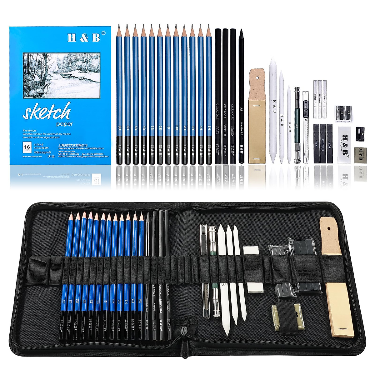 H & B Drawing Pencils Set, 33 Pieces Sketch Pencils & Drawing Kit, Complete Artist Kit Includes Sketch Pad, Graphite Pencils, Charcoal Sticks and Eraser, Art Supplies for Artists Beginner Adults Teens