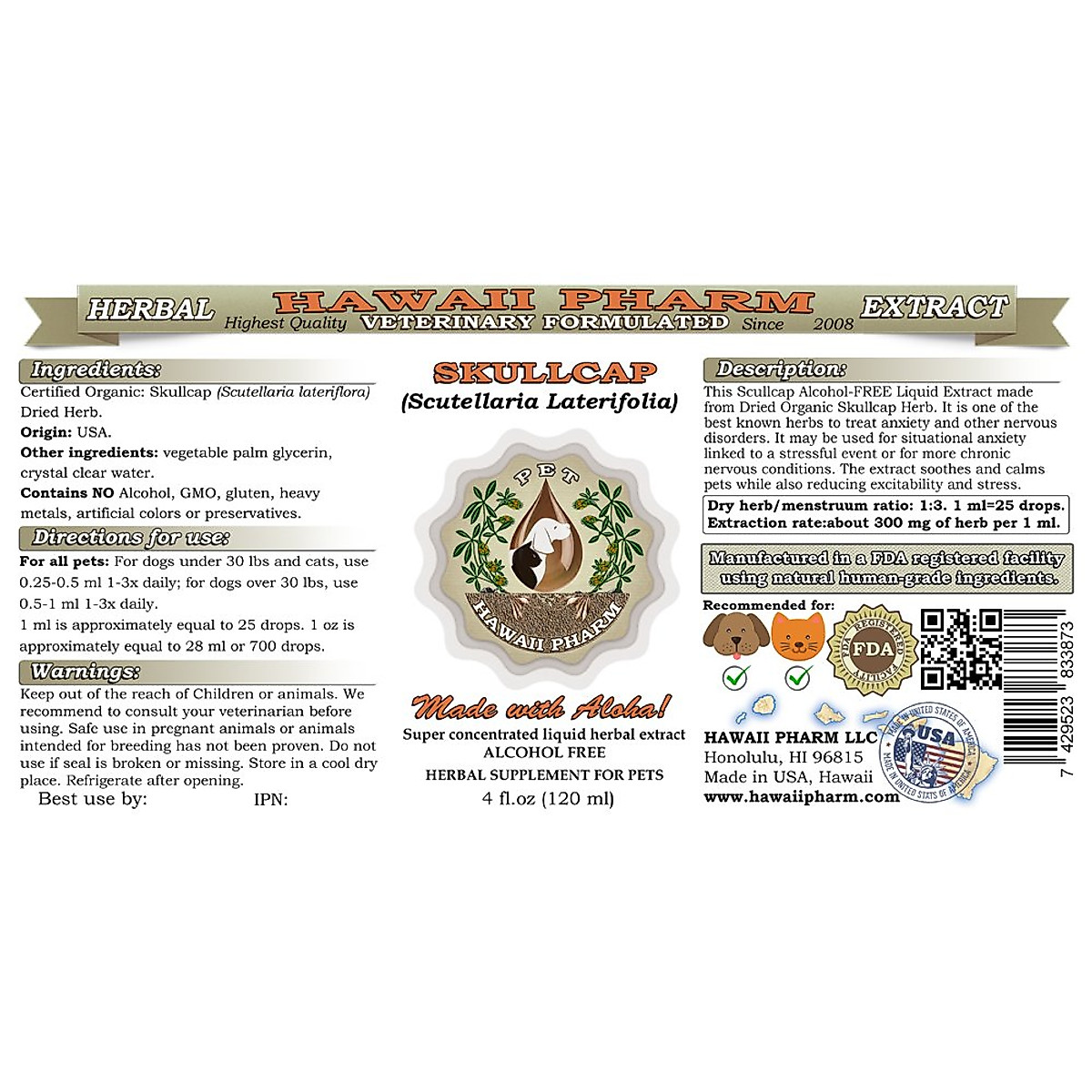 Hawaii Pharm Skullcap, Veterinary Natural Alcohol-Free Liquid Extract, Pet Herbal Supplement 4 oz