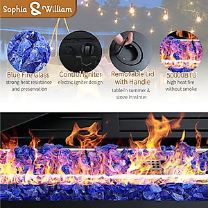 Sophia & William Propane Gas Fire Pit Table 45 Inch 50,000BTU Rectangular Outdoor Firepits for Outside Patio with Lid and Blue Fire Glass, Black