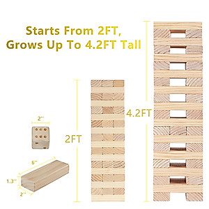 Aivalas Giant Timber Blocks Games, 56 Blocks Large Tower Outdoor/Indoor Games - Includes Carry Bag and Scoreboard, Wood Stacking Yard Games Grows from 2FT to Over 4.2FT for Kids Adults Family