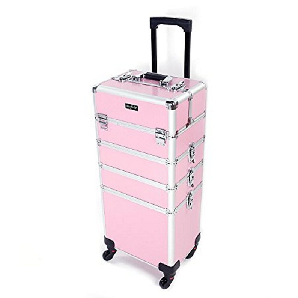 mefeir 4 in 1 Rolling Makeup Train Case, Aluminum Makeup Travel Organizer Cosmetic Case, Cosmetology Display Suitcase on Wheels, Beauty Storage Luggage Lockable w/4 Removable Wheels (Pink)