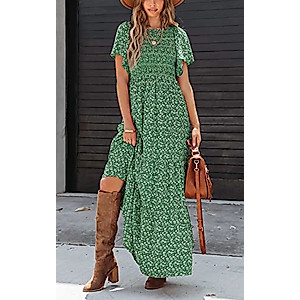 PRETTYGARDEN Womens Casual Floral Crew Neck Flutter Short Sleeve Long Summer Holiday Dress Party Maxi Wedding Guest Dresses (Green,Large)