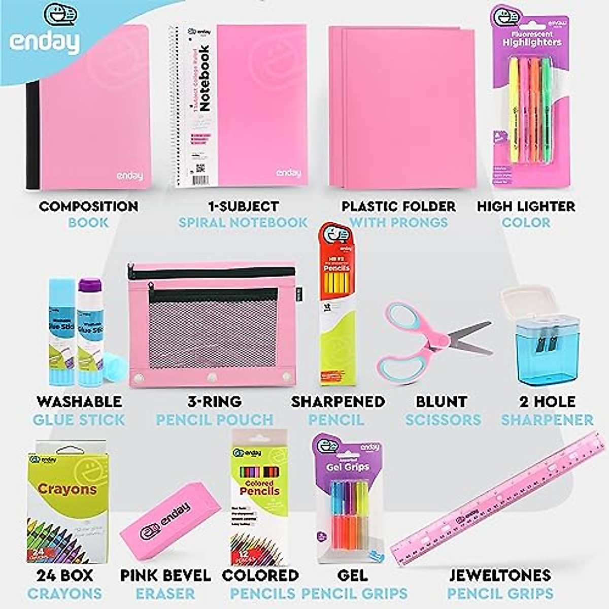 Enday Back to School Supplies for Kids, Pink School Supply Box Grades K-5, Premium Quality Kids School Supplies Kit, Kindergarten School Supplies for Girls and Boys, 71 Piece Set