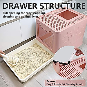 Foldable Cat Litter Box with Lid, Enclosed Cat Potty, Top Entry Anti-Splashing Cat Toilet, Easy to Clean Including Cat Litter Scoop and 2-1 Cleaning Brush (Pink), Large