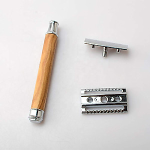 ECOFWORLD Double Edge Safety Razor with Long Natural Olive Wood Handle with One Blade| Safety Razor Reusable | Eco Friendly | For Men or Women | Sustainable and Durable