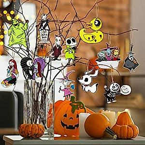 37Pcs Halloween Christmas Nightmare Sally Wooden Hanging Ornament Decoration, Halloween Witch Pumpkin King Jack Ghoul Zombie Bride Theme Party Decor for Jack and Sally Halloween Party Supplies