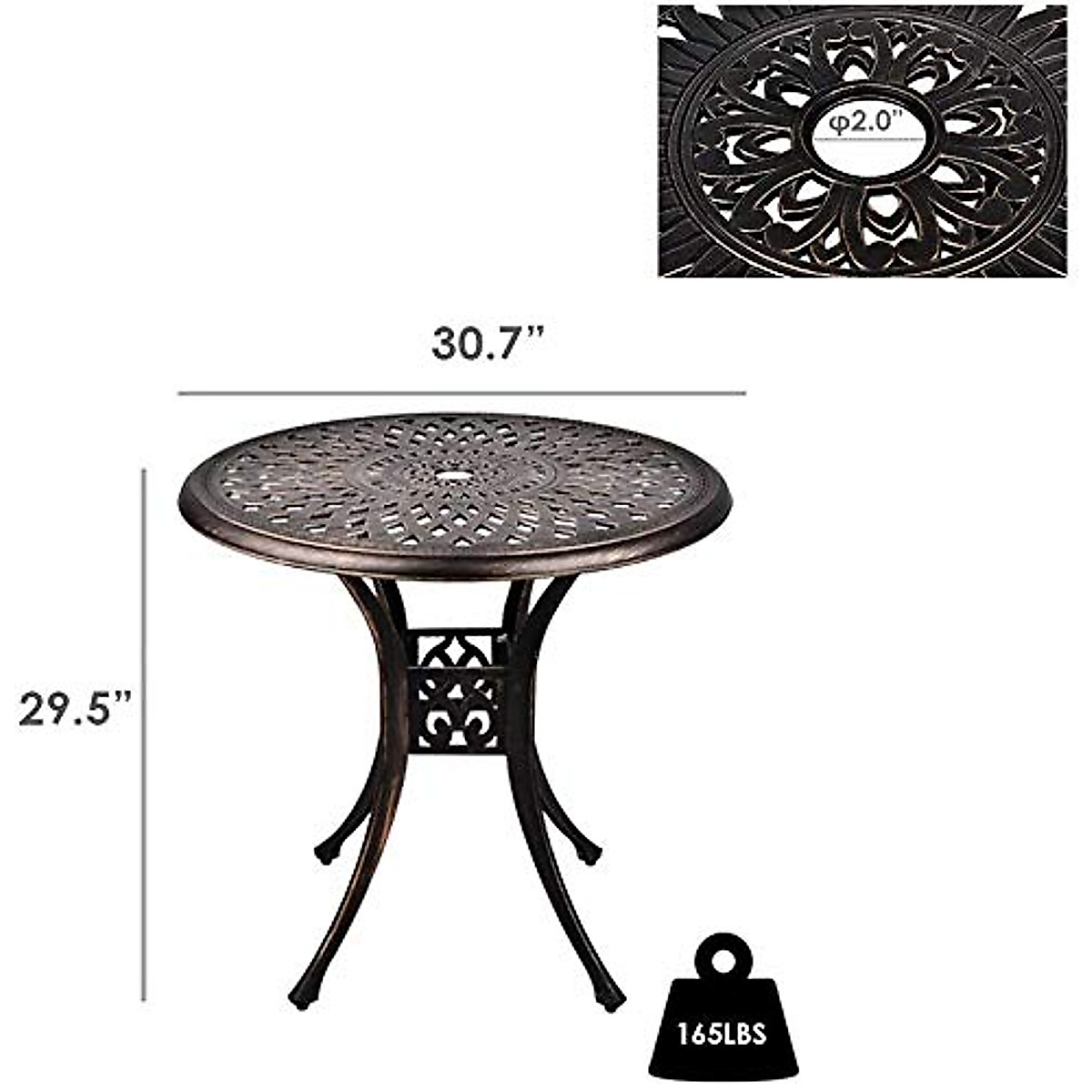 TITIMO 31 inch Diameter Outdoor Round Patio Bistro Dining Table Cast Aluminum with Umbrella Hole Conversation Table
