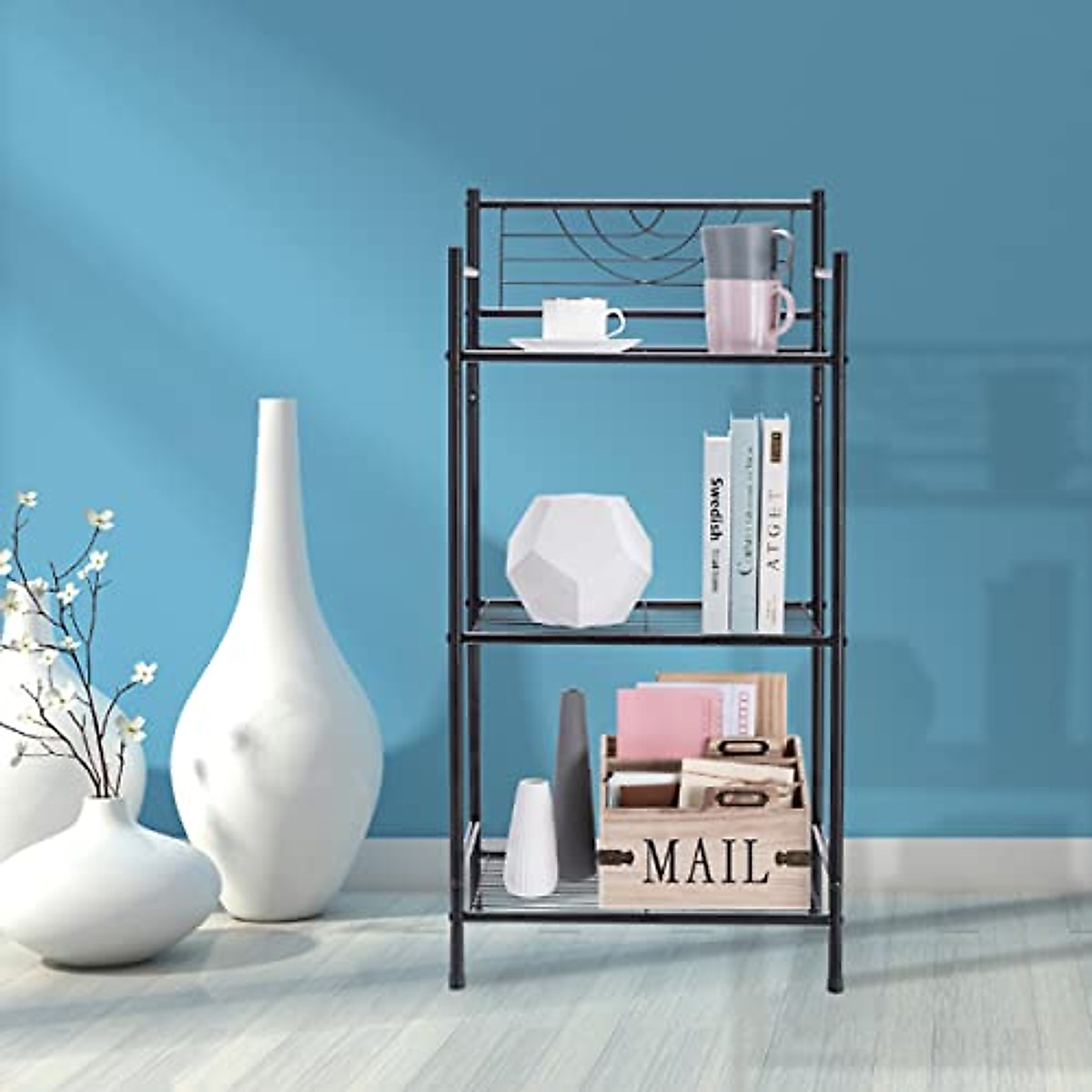 Kimzda 3-Tier Metal Shelf Free Standing Bathroom Tower Storage Rack Corner Rack for Bathroom Laundry Kitchen Office, with 4 Pieces Coat Hook, Black