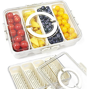 Yuroochii Divided Serving Tray Fresh-keeping Box with Lid&Handle, 4 Compartments Snacks Box, Snack Fruit Tray, Veggie Tray, Portable Snack Platter for Candy Fruits Nuts Snack Party Entertaining Picnic