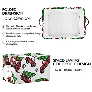 Christmas Buffalo Plaid Truck Storage Basket Collapsible Storage Bins Cubes Box Toy Chest Fabric Clothes Hamper Gift Baskets for Shelves Office Nursery Home Shoes with Leather Handles