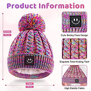 Baby Beanie Hat 3 Packs with Cute Smiley Face, Baby Winter Hat Fleece Lined,Toddler Beanie with Pom Pom for Girls Boys Rainbow Mix & Black Mix & Purple Mix