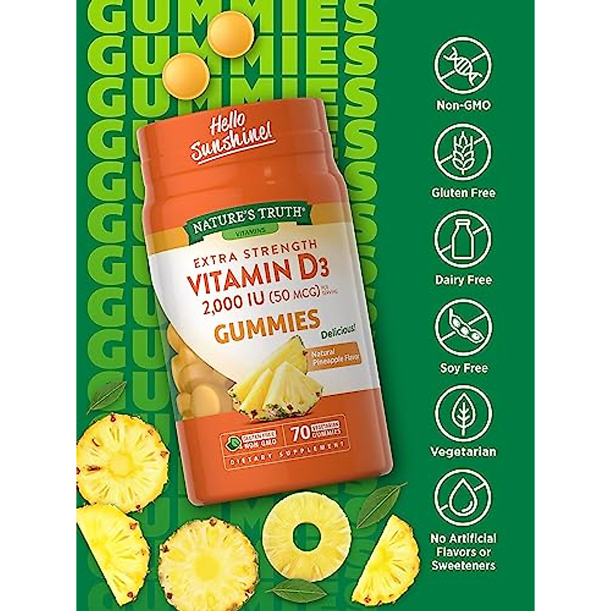 Vitamin D3 Gummies | 2000 IU | 70 Count | Pineapple Flavor | Vegetarian, Non-GMO and Gluten Free Supplement | by Nature's Truth