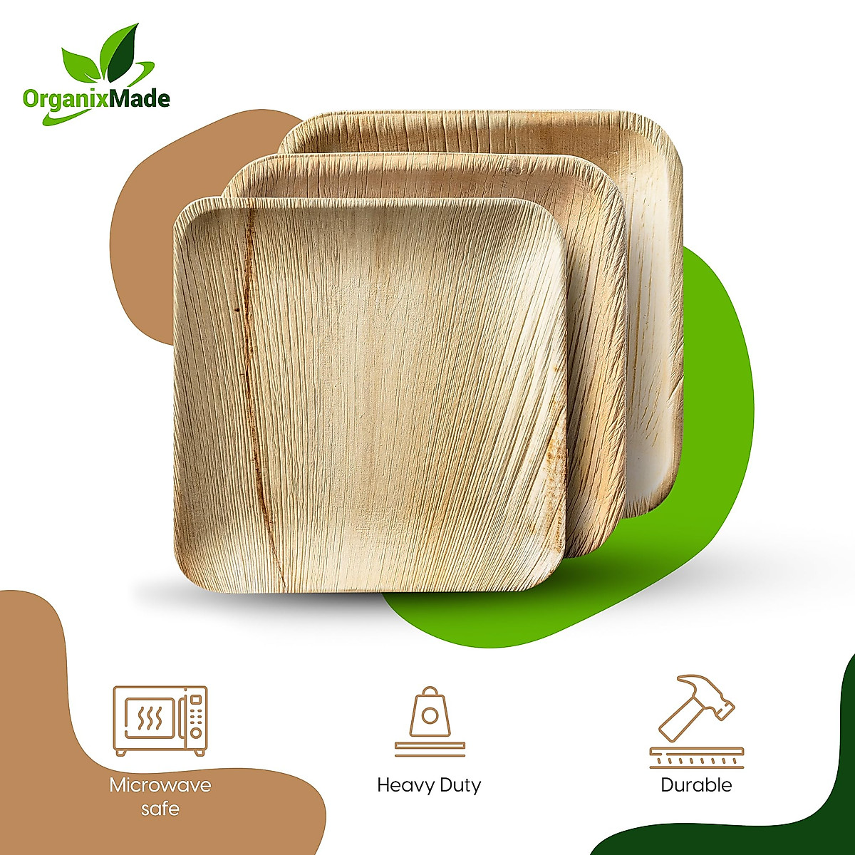 Organix Made - Disposable Palm Leaf Bamboo Plates, 6 Inch Square (50 Plates) - Appetizer and Dessert Dinnerware Plates - Biodegradable, Compostable, & Eco-Friendly Plates - Light & Sturdy