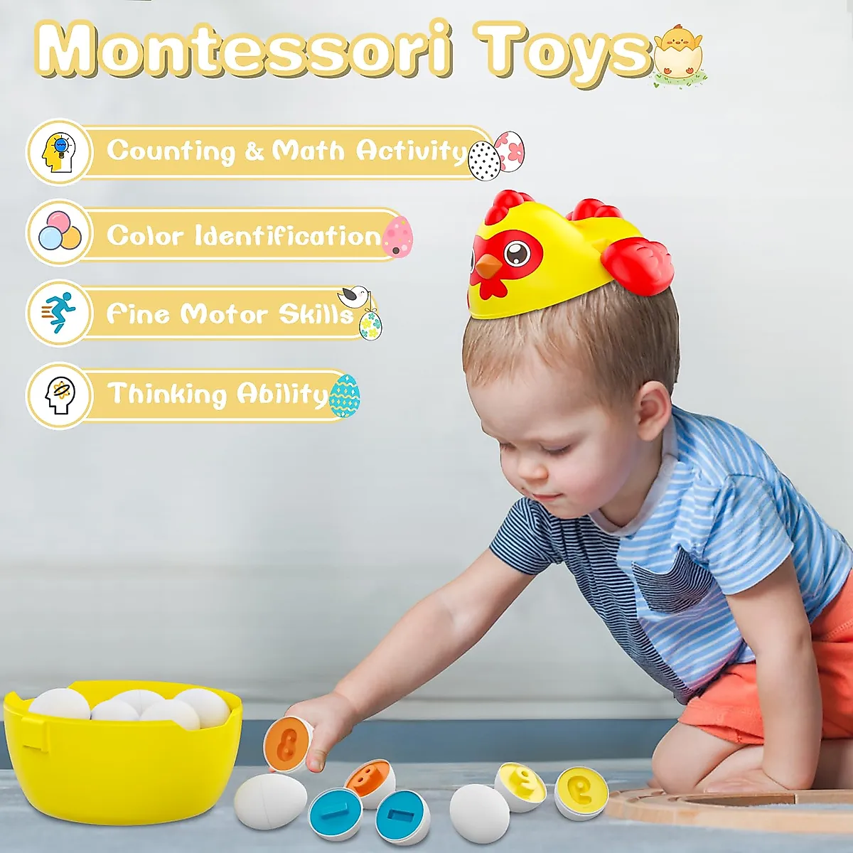 maysida Easter Basket Stuffers 12 Pack Matching Eggs, Shape Color Easter Eggs with Chicken Toy, Sensory Play Learn Toy for Kids Toddler Girl Boy, Educational Easter Essentials Gift Hunts Party Favors