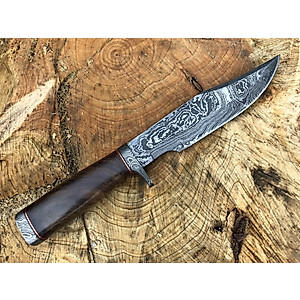 Perkin Knives - Damascus Knife Fixed Blade Knife with Sheath - Walnut Wood
