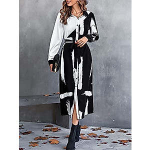 WDIRARA Women's Colorblock Brush Print Button Front Long Sleeve Belted Maxi Shirt Dress Black and White M