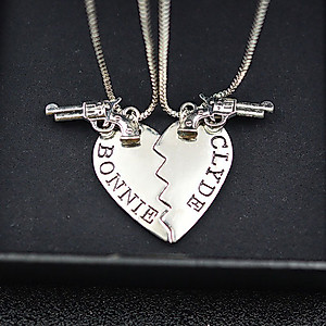 Meiligo® Womens Mens Alloy Hip-hop Bonnie Clyde Letter Machine Gun Necklace Key Chain Hand Gun Revolver Pistol Pendant Matching Heart Jewelry (Necklace - Silver(2pcs))