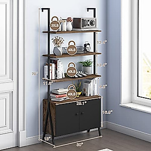 Usinso Wood Metal Ladder Bookshelf, Industrial 4-Tier Black Bookcase with Wide Storage Cabinet, Rutic Brown and Black Bookshelf for Living Room, Shelves for Storage Bedroom, 30L x 13W x 70H Inch