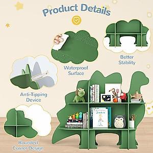 Curipeer Dinosaur Kids Bookshelf, 2-Tier Bookshelf for Kids, Baby Bookshelf and Toy Storage, Wooden Kids Bookcase, Toddler Book Shelf Organizer for Kids Rooms, Nursery, Bedroom, Playroom, Green