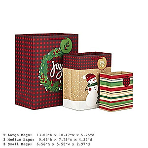 Hallmark Christmas Gift Bag Assortment, Traditional (Pack of 8; 3 Small 6", 3 Medium 9", 2 Large 13") Snowmen, Red Plaid, Kraft Stripes, "Joy" Wreath