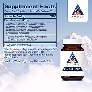 Ayush Herbs Probiotic 100B, Shelf-Stable Daily Probiotic Supplement, 7 Probiotic Strains, 60 Vegetarian Capsules