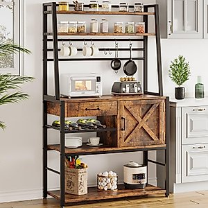 Itaar Baker's Rack, Coffee Bar Cabinet, Farmhouse Microwave Stand with Wine Rack, Drawer and 8 Hooks for Kitchens with Storage, Rustic Brown