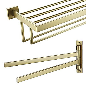 KOKOSIRI Towel Shelf Holder 24'' Bathroom Towel Rack Hand Towel Bar Swing Out Swivel Towel Holder Brushed Gold B6003BG+B5007BG-A2