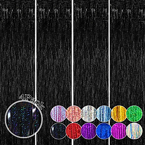 4 Pack Black Tinsel Foil Fringe Curtains, Slmeno Glitter Metallic Foil Curtain Backdrop for Party Decor, Photo Booth Backdrop Streamer for New Years Graduation Celebration Black Birthday Decorations
