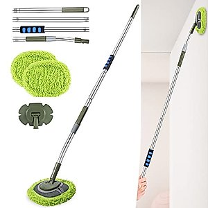 Wall Mop Wall Cleaner with 66” Long Handle, 15°Labor-Saving Elbow Baseboard Cleaner Tool, Microfiber Ceiling Dust Mop Duster Washer Cleaning Brush for Wall, Floor, Window