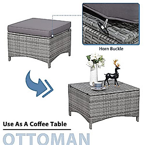 JOIVI Patio Furniture Set, 5 Piece All Weather Wicker Outdoor Conversation Set, Outdoor Sectional Sofa Set with PE Rattan Loveseat couch, Armchairs and Ottomans for Garden, Porch, Deck (Gray Cushions)