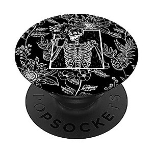 Black & White Skeleton Floral Pattern Skull drinking Coffee PopSockets Grip and Stand for Phones and Tablets