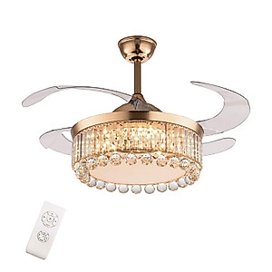 TFCFL 42" Gold Crystal Ceiling Fan Lights with Remote Control,Ceiling Fan Chandelier LED Three-Color Lights 3 Speeds Fan Retractable Blade for Living Room, Kitchen, Restaurant (Gold)