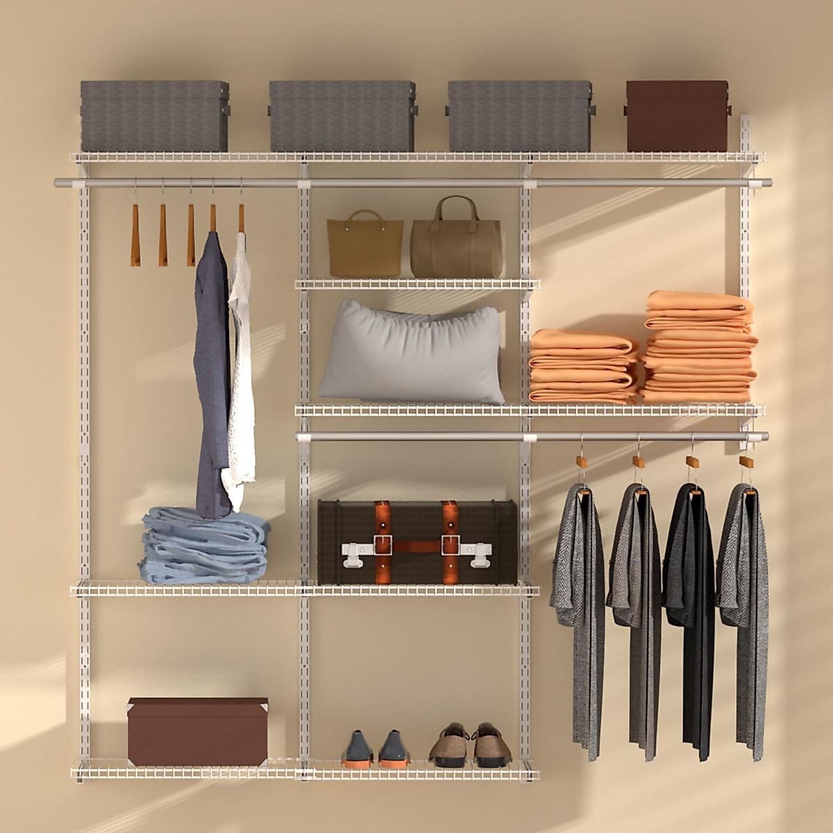 Homde Closet Organizer System Wall Mounted + Closet Organizer Storage System with 2 Storage Drawers and 3 Expandable Stainless Steel Hanger Rods