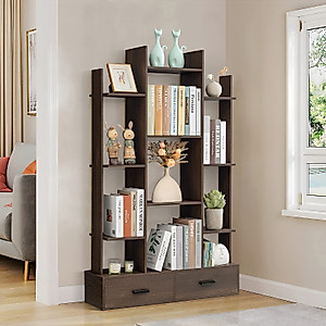 WEENFON Unique Bookcase with 1 Large Drawer, Tree-Shaped Bookshelf with 12 Storage Shelves, Open Standing Ladder Shelf, Bookshelf for Bedroom, Living Room, Office, Dark Brown