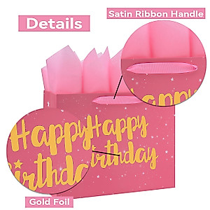 13" Large Pink Gift Bag Set with Greeting Card and Tissue Papers (Stars and Gold Foil ‘Happy Birthday’) for Women's Party, Girls' or Kids' Birthday Parties, Baby Girl, Baby Shower - 13”x5.2”x10.2”, 1 Pcs.