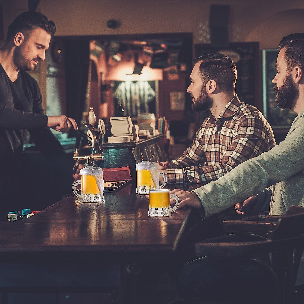 Meanplan Mini Beer Mugs Bulk Shot Glasses Beer Glasses Set 1oz Small Clear Beer Stein with Handles Mini Tasting Whiskey Cups for Drinking Beer Festival Birthday BBQ Bar Party(12 Pieces, Plastic)