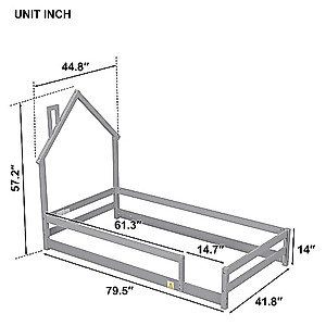 Twin Size Montessori Wood Floor Bed with House-Shaped Headboard and Fences, Full Platform Bed for Kids,Girls,Boys, Low to Ground Height, No Box Spring Needed (Grey)