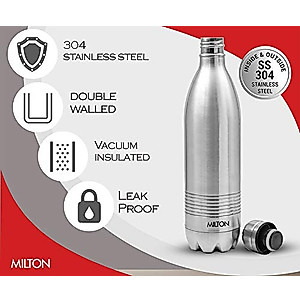 Milton Thermosteel Duo DLX 1000, Double Walled Vacuum Insulated Flask 1000 ml | 34 oz | 1 Ltr |24 Hours Hot and Cold Water Bottle, 18/8 Stainless Steel, BPA Free, Food Grade, Leak-Proof | Silver
