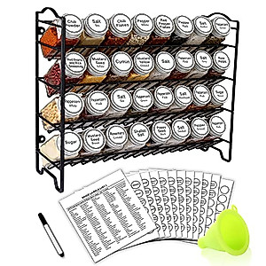 SWOMMOLY Spice Rack Organizer with 32 Empty Square Glass Spice Jars, 386 White Spice Labels with Chalk Marker and Funnel Complete Set, Seasoning Organizer for Countertop, Cabinet or Wall Mount