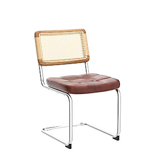 LEMBERI Mid-Century Modern Dining Chairs Set of 2, Upholstered Tufted Faux Leather Accent Chairs Rattan Dining Chair Armless Mesh Back with Metal Chrome Legs, Brown