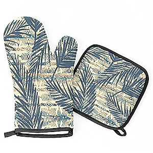 Vintage Tropical Plants Oven Mitts and Pot Holders Sets Kitchen Oven Mitts Heat Resistant Non-Slip Potholders Oven Gloves and Hot Pads for BBQ Cooking Grilling Baking