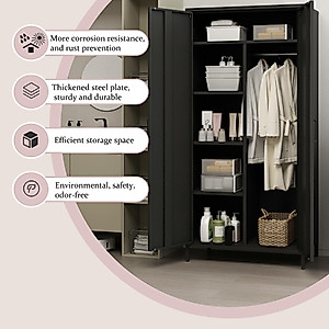 Steehoom Metal Armoire, Wardrobe Closet Cabinet with 1 Hanging Rod and 4 Shelves for Bedroom, Changing Room, Laundry Room, Office (Black)