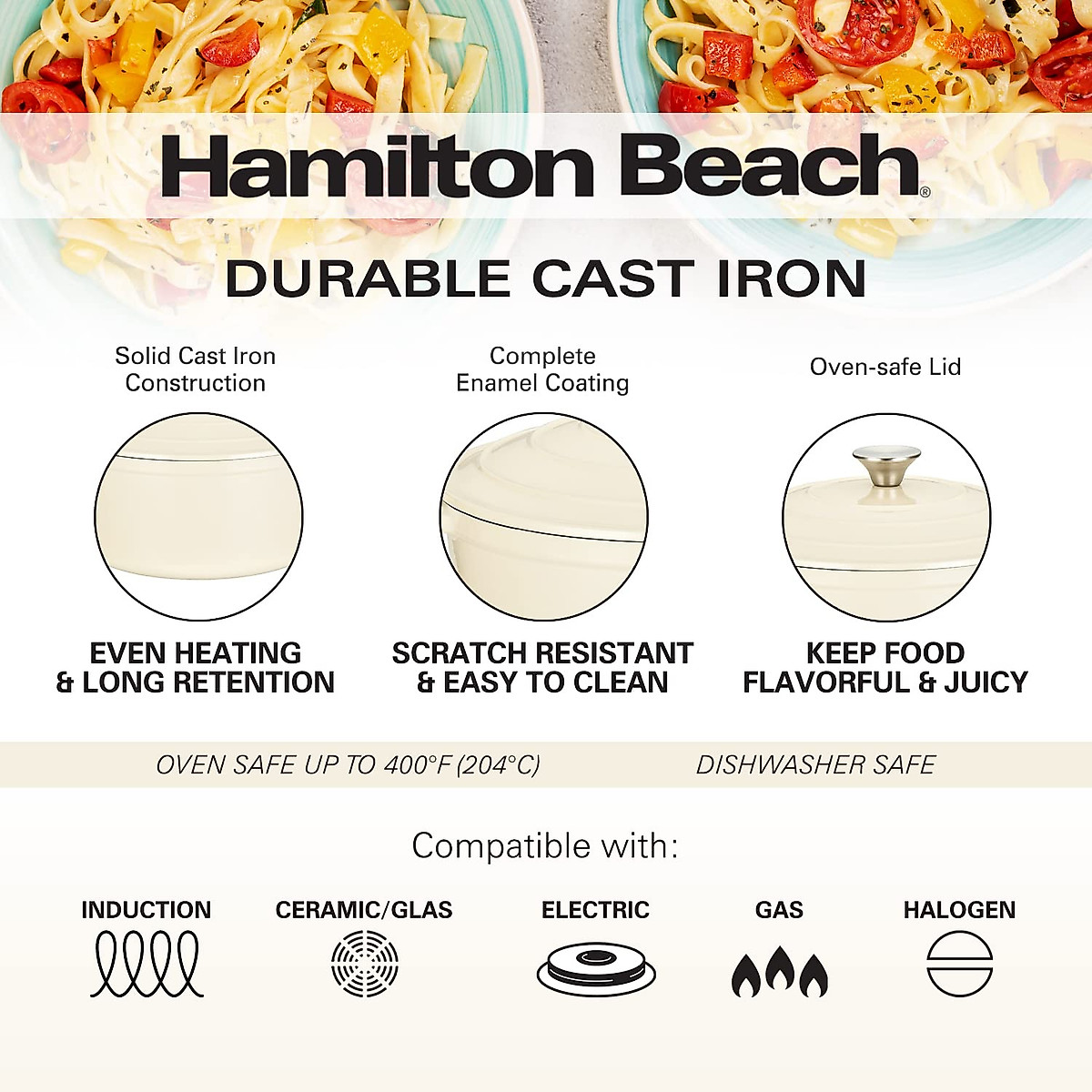Hamilton Beach Enameled Cast Iron Dutch Oven 5.5-Quart Cream, Cream Enamel Dutch Oven Pot with Lid, Cast Iron Dutch Oven with Even Heat Distribution, Safe Up to 400 Degrees, Durable
