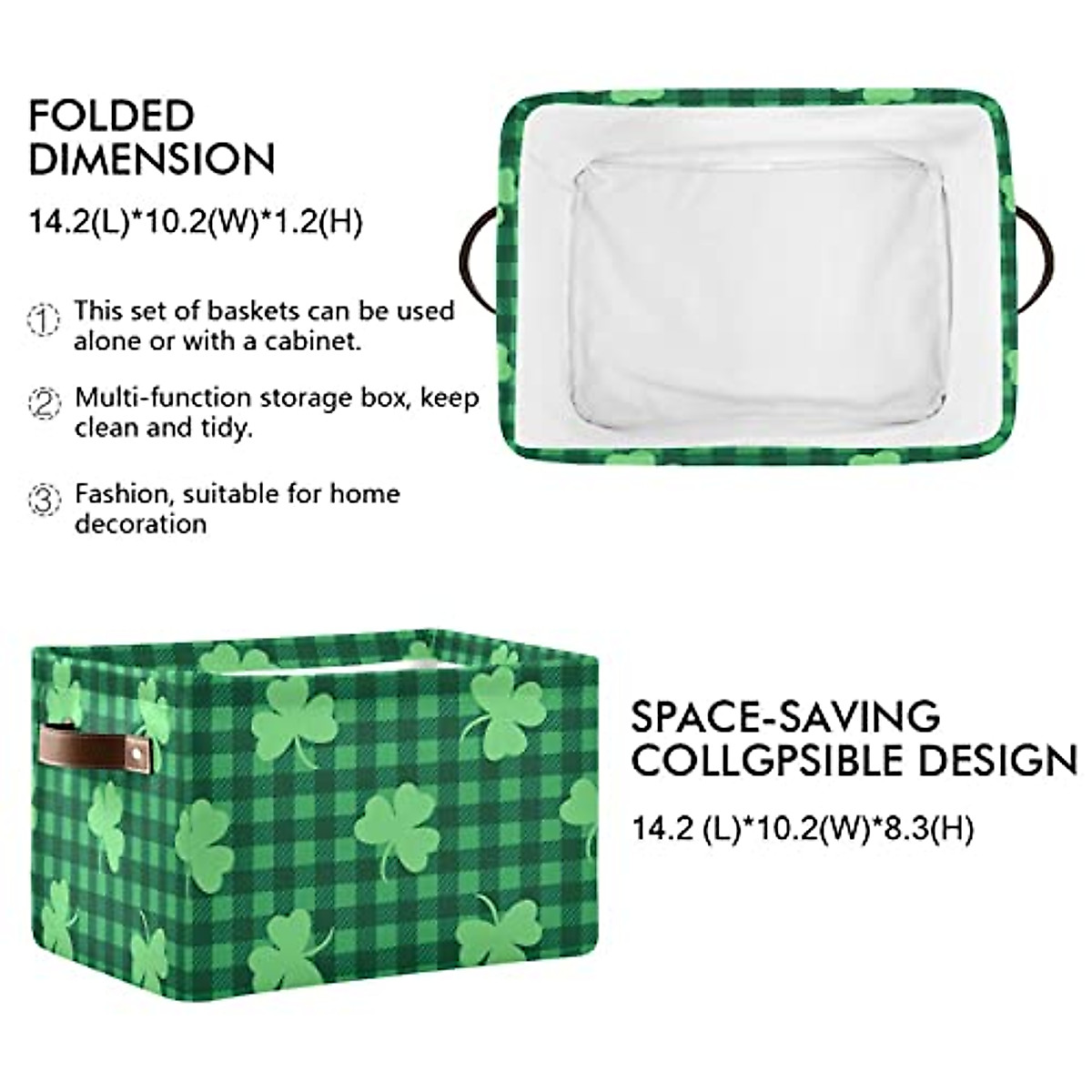 Patricks Day Clover Storage Basket Green Shamrock Plaid Tartan Storage Organizer Box Bin Large Collapsible Cube Baskets with PU Handles for Shelf Closet Nursery Laundry 1 Pack