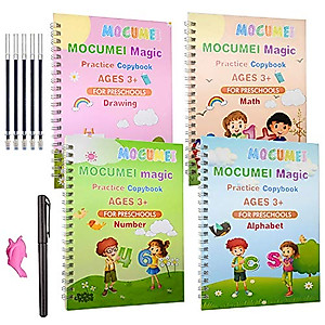 Tiynum 4 Pack Magic Practice Copybook for Kids,Handwriting Practice for Kids,Children Magic Copybook,Reusable Copybook Preschool for Kids Age 3-8 ​Calligraphy