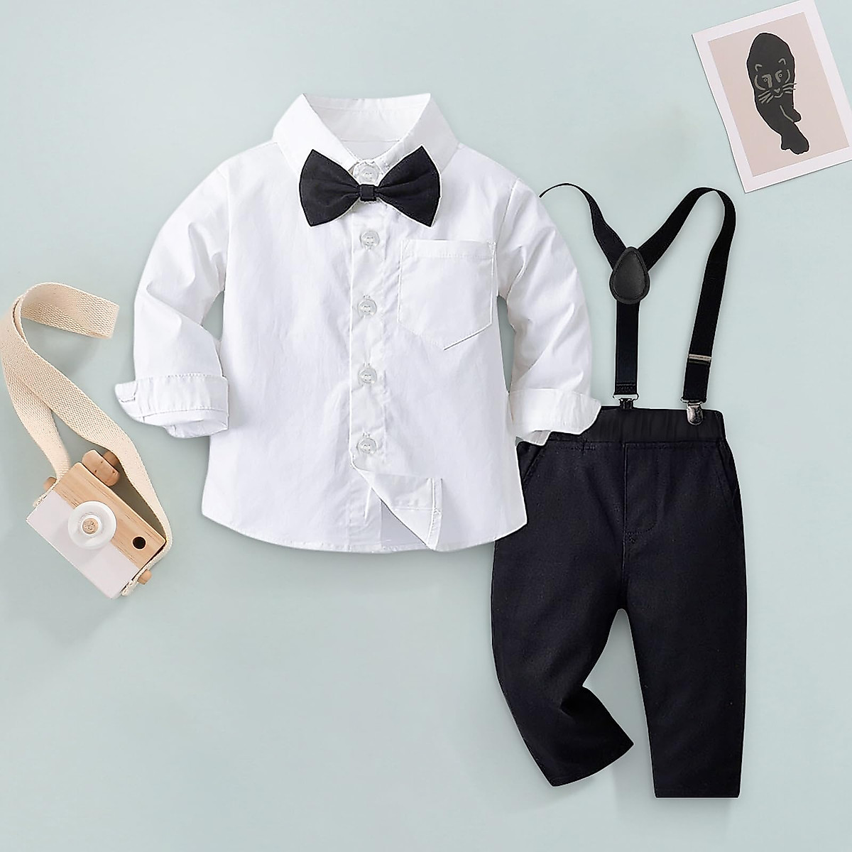 Baby Boy Tuxedo Outfit Dressy Set Toddler Boys Gentleman Outfits, Long Sleeve White Shirt Bowtie Black Pants, Bow Tie and Suspender Formal Suit for Birthday Wedding Party Kids Dress Clothes