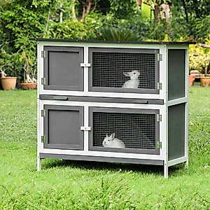 PawHut Wooden Bunny Rabbit Hutch, Small Animal Habitat with Ramp, Removable Tray & Weatherproof Roof, Indoor/Outdoor, Grey