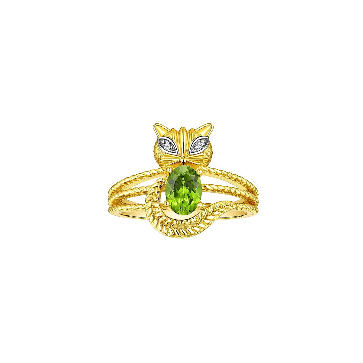 Rylos Rings for Women 14K Gold Plated Silver CAT Ring 7X5MM Oval Gemstone & Sparkling Diamonds August Peridot Jewelry Size 8