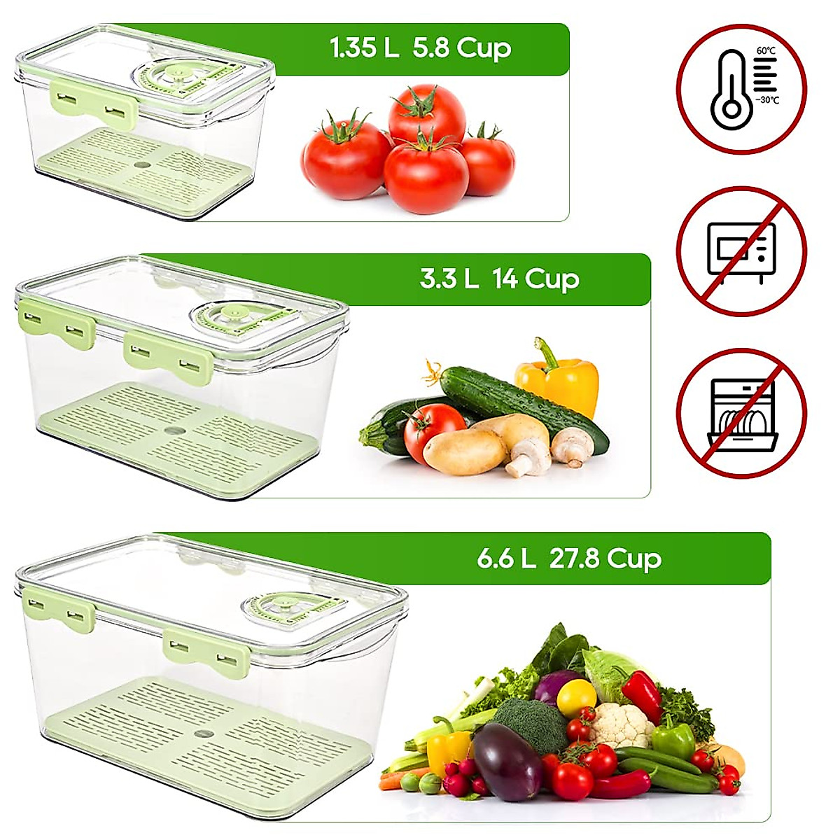 Fruit Storage Containers for Fridge 3 Pack Vegetable Produce Saver Container Refrigerator with Lid & Removable Tray Air Vents, Time Remember, BPA-Free Kitchen Organizer Bins Lettuce Salad Berry Keeper